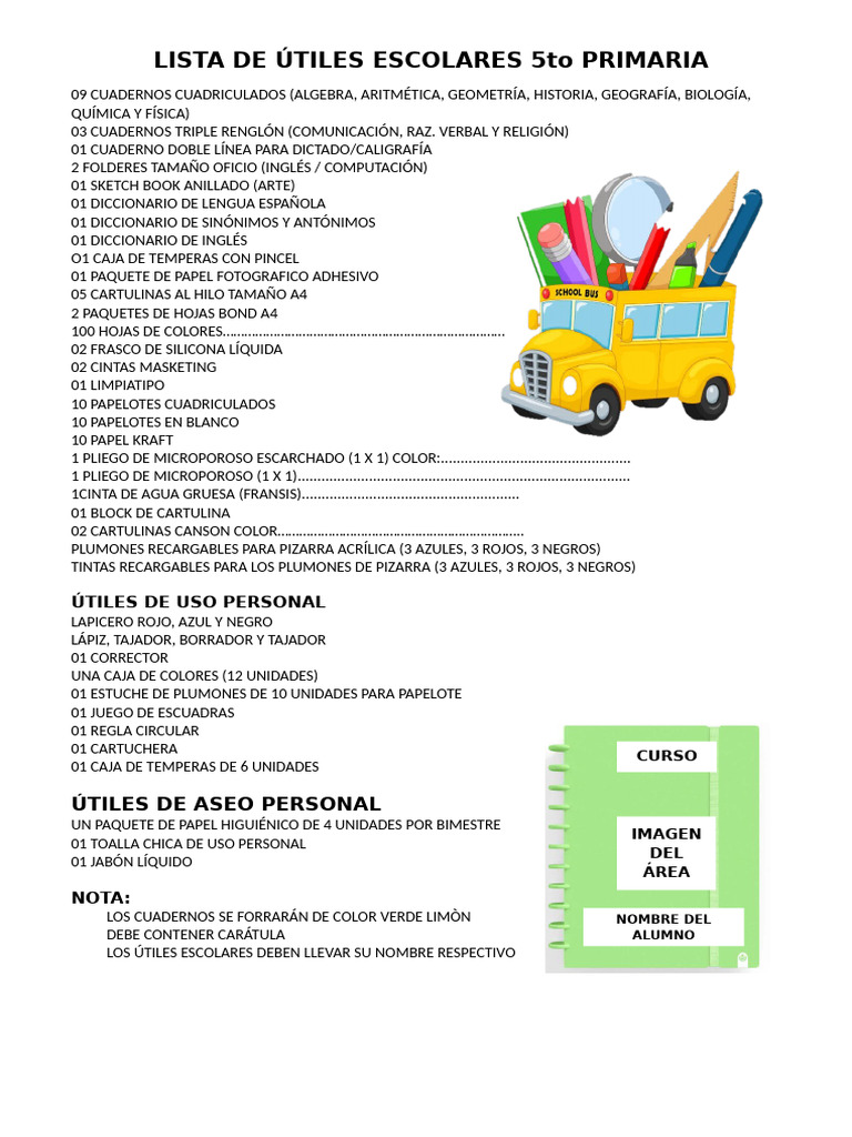 LISTA DE ÚTILES ESCOLARES 5to PRIMARIA | PDF