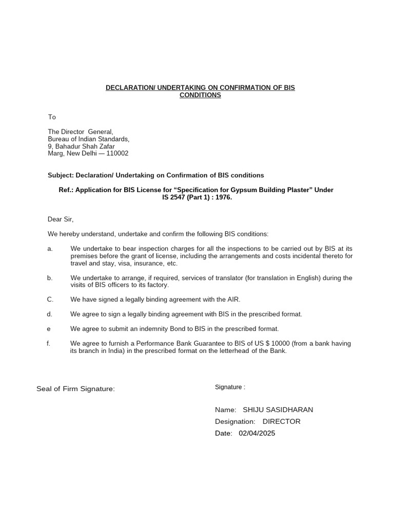 Declaration _ Undrtaking for BIS | PDF