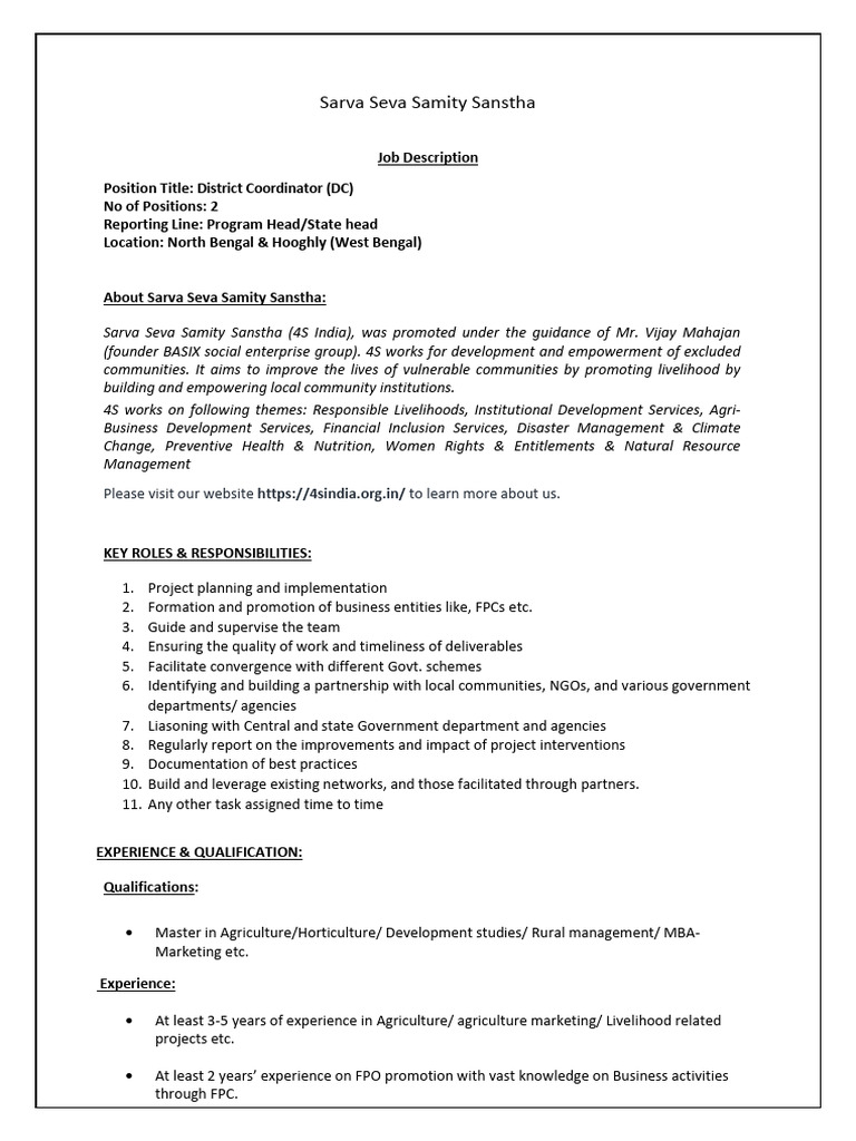 District Coordinator Role at 4S India | PDF