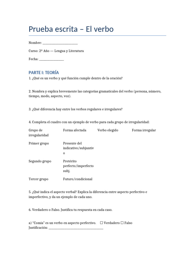 Prueba de Verbo: Teoría y Práctica | PDF | Verbo | Gramática