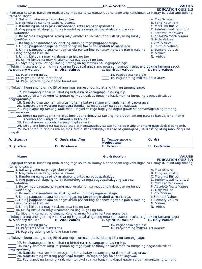 Values Education Quiz 1.3 | PDF