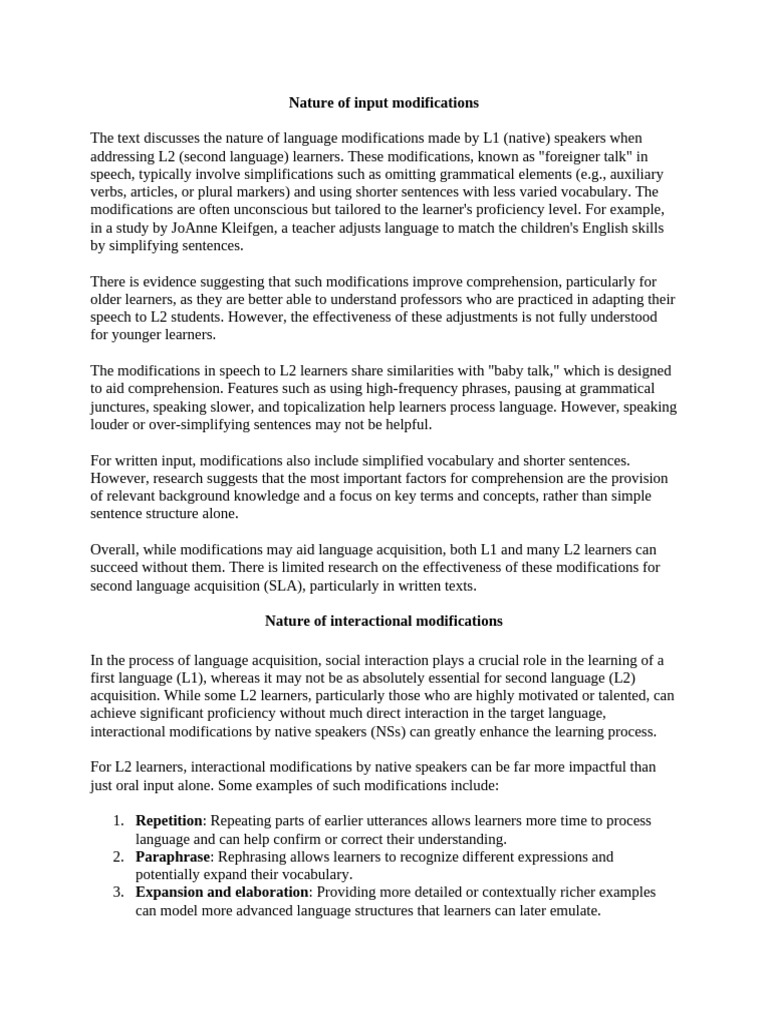 Nature of Input Modifications | PDF | Second Language | Second Language ...