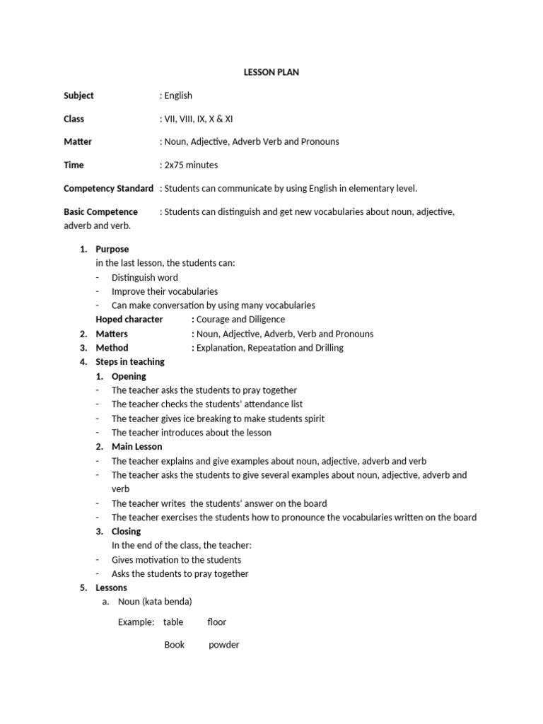 LESSON PLAN Noun Adjective | PDF | Noun | Verb