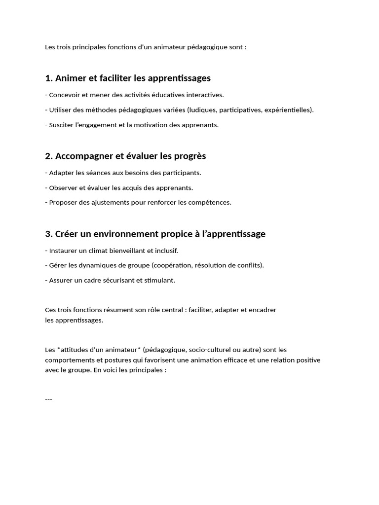 Fonctions et qualités de l'animateur | PDF | Pédagogie | Apprentissage