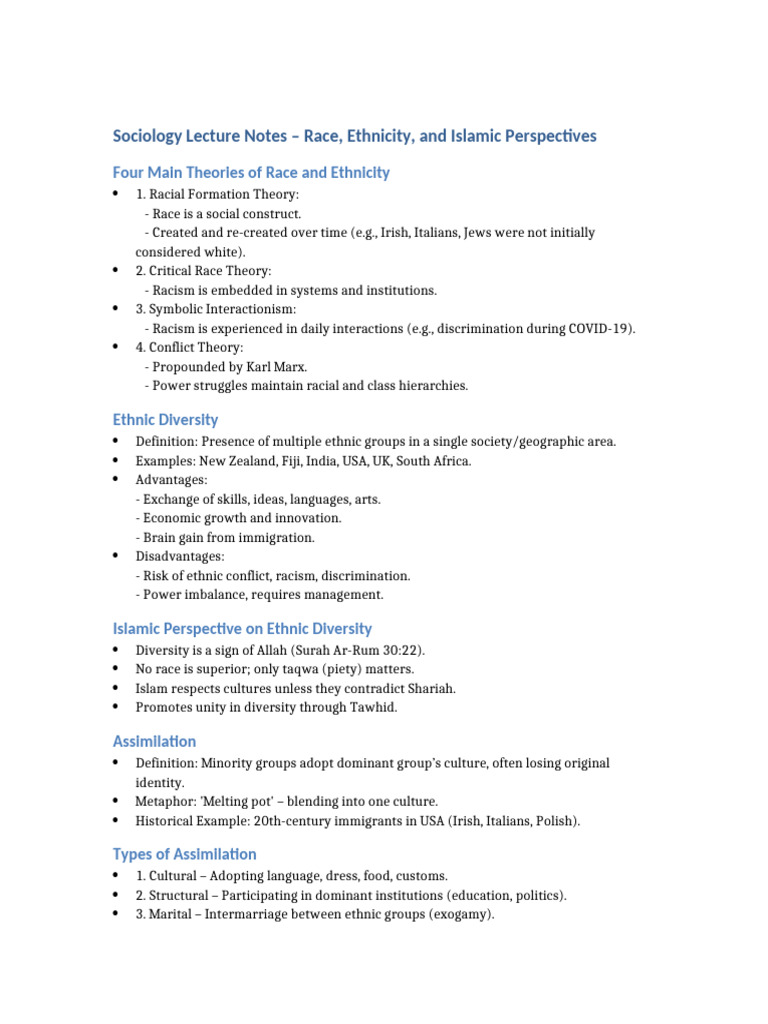 Sociology Lecture Notes Race Ethnicity Islamic Perspective | PDF ...