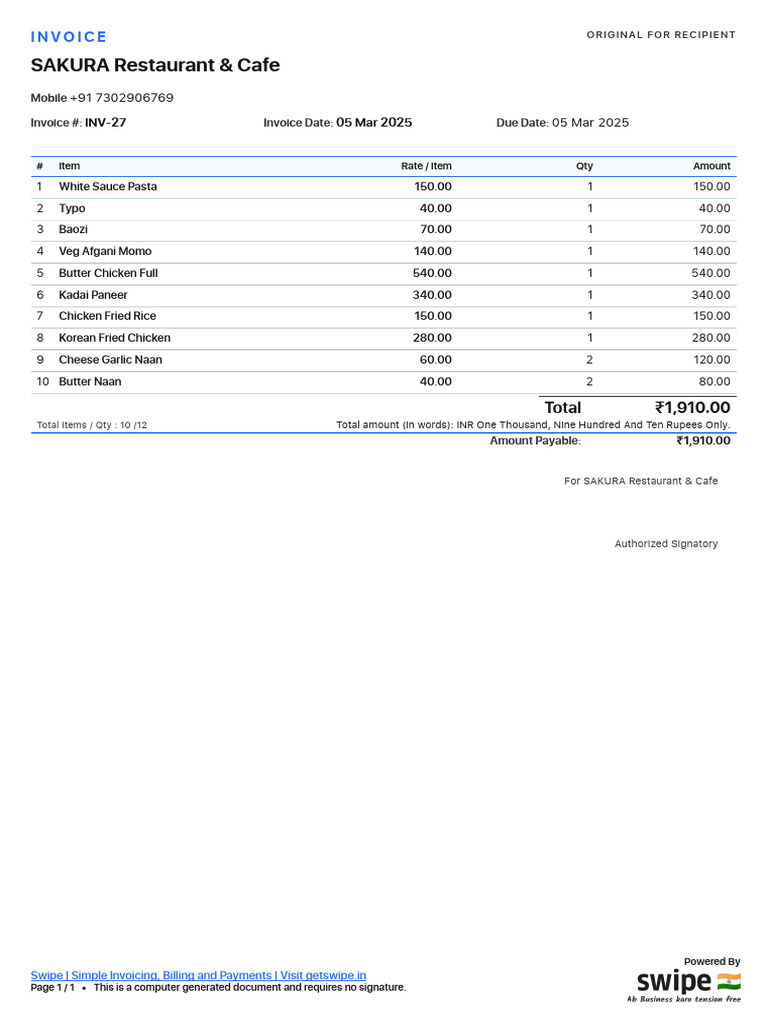 Invoice SAKURA Restaurant & Cafe INV 27 | PDF | Western Cuisine | Cooking