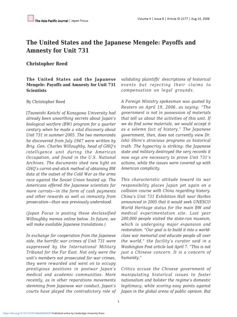 U.S. Complicity in Japan's Unit 731 Crimes | PDF | Biological Warfare