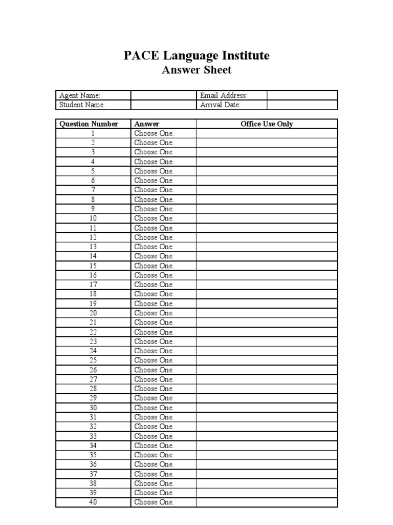 PACE Language Institute: Answer Sheet | PDF