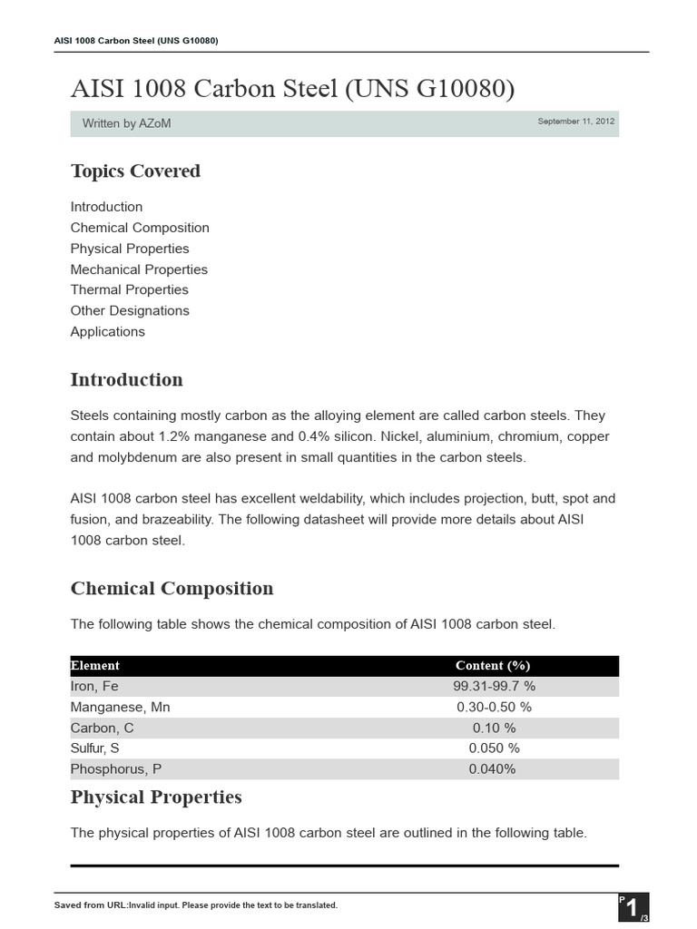 Aisi 1008 Carbon Steel (Uns g10080) | PDF | Steel | Strength Of Materials