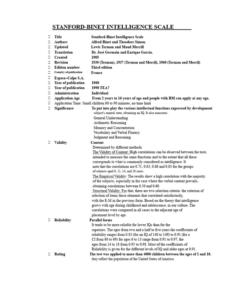 Stanford-Binet Intelligence Scale Overview | PDF | Cognition | Psychology