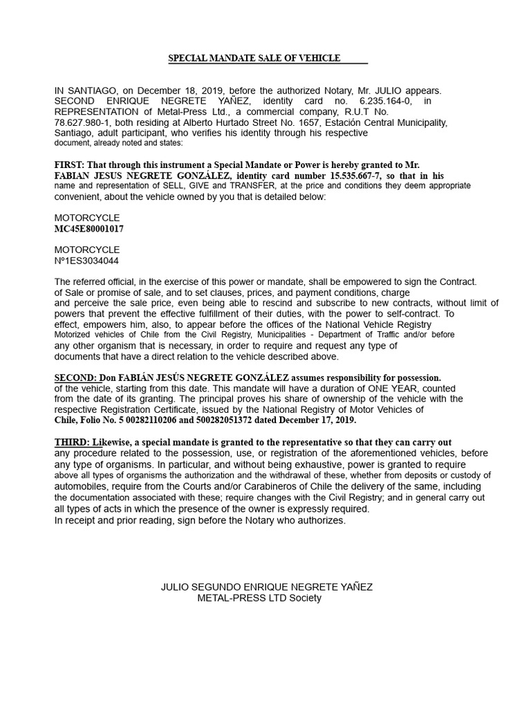 Special Mandate For Vehicle Sale | PDF | Common Law | Justice