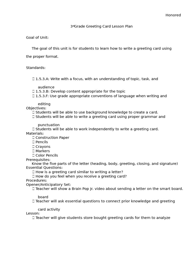3rd Grade Greeting Card Lesson Plan - Honored | PDF | Learning | Classroom