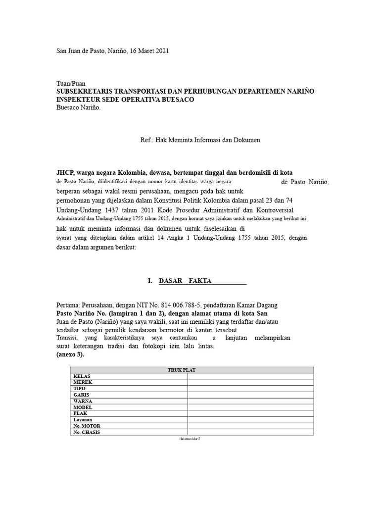 Permohonan Informasi Kendaraan Nariño | PDF