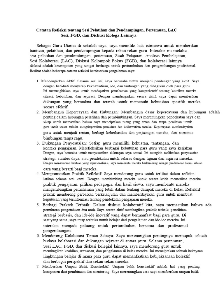 Catatan Refleksi Tentang Sesi Pelatihan Dan Mentoring, Pertemuan, Sesi LAC, FGD | PDF