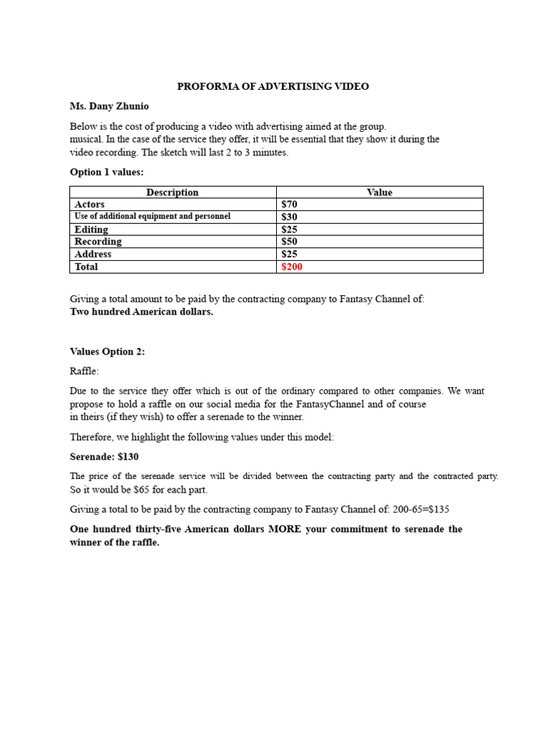 Proforma of Advertising Video | PDF