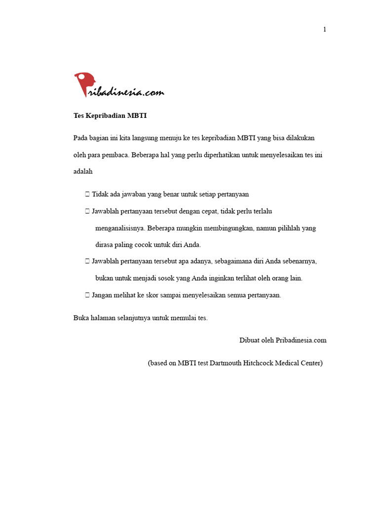 Tes Kepribadian MBTI Online Gratis | PDF