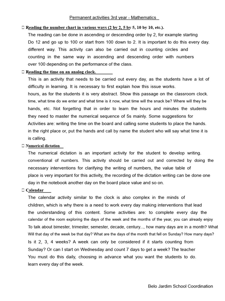 Permanent Activities 3rd Year | PDF | Numbers | Learning