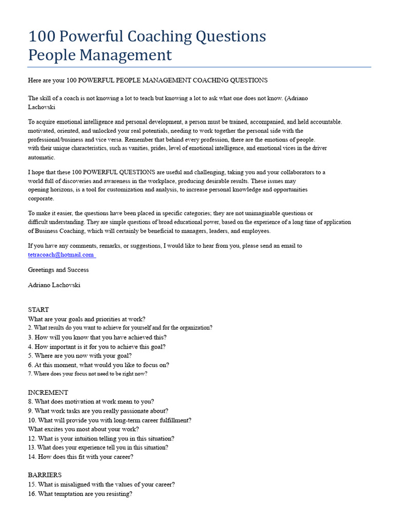 100 Coaching Questions for Managers | PDF | Goal | Business