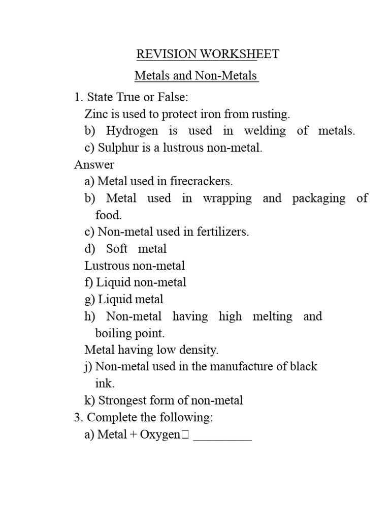 Grade 7 Revision Worksheet - Metals and Non-Metals | PDF