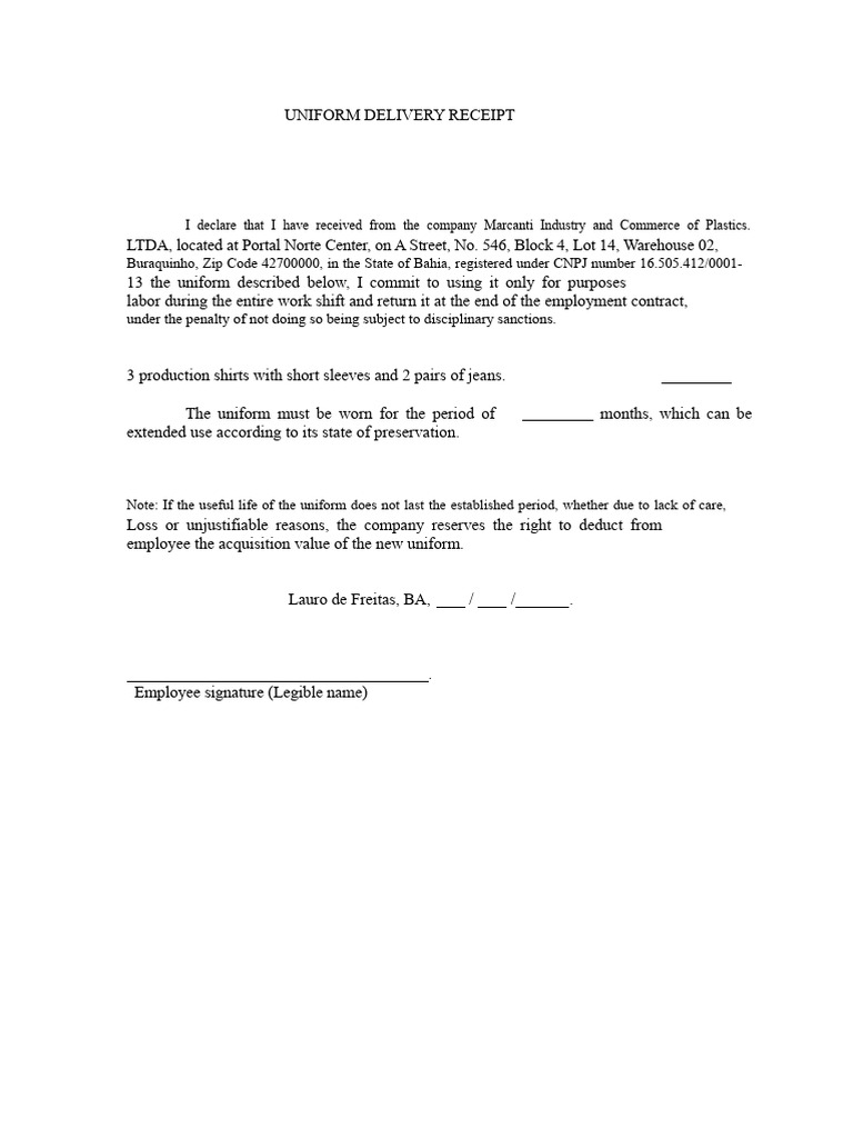 Uniform Delivery Receipt for Employees | PDF