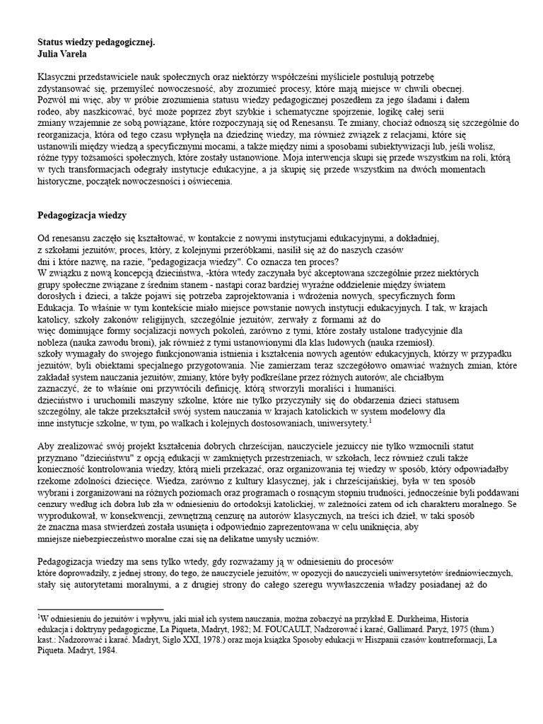 Statut Wiedzy Pedagogicznej - Julia Varela | PDF