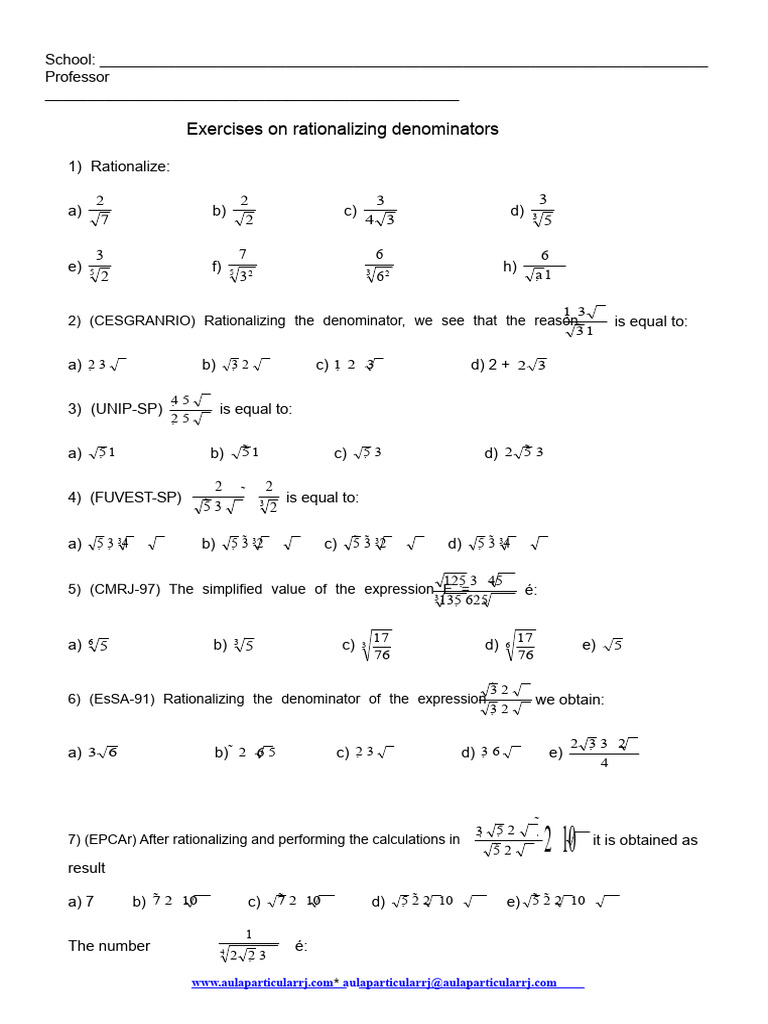 Exercises on Rationalizing Denominators | PDF | Mathematics | Arithmetic