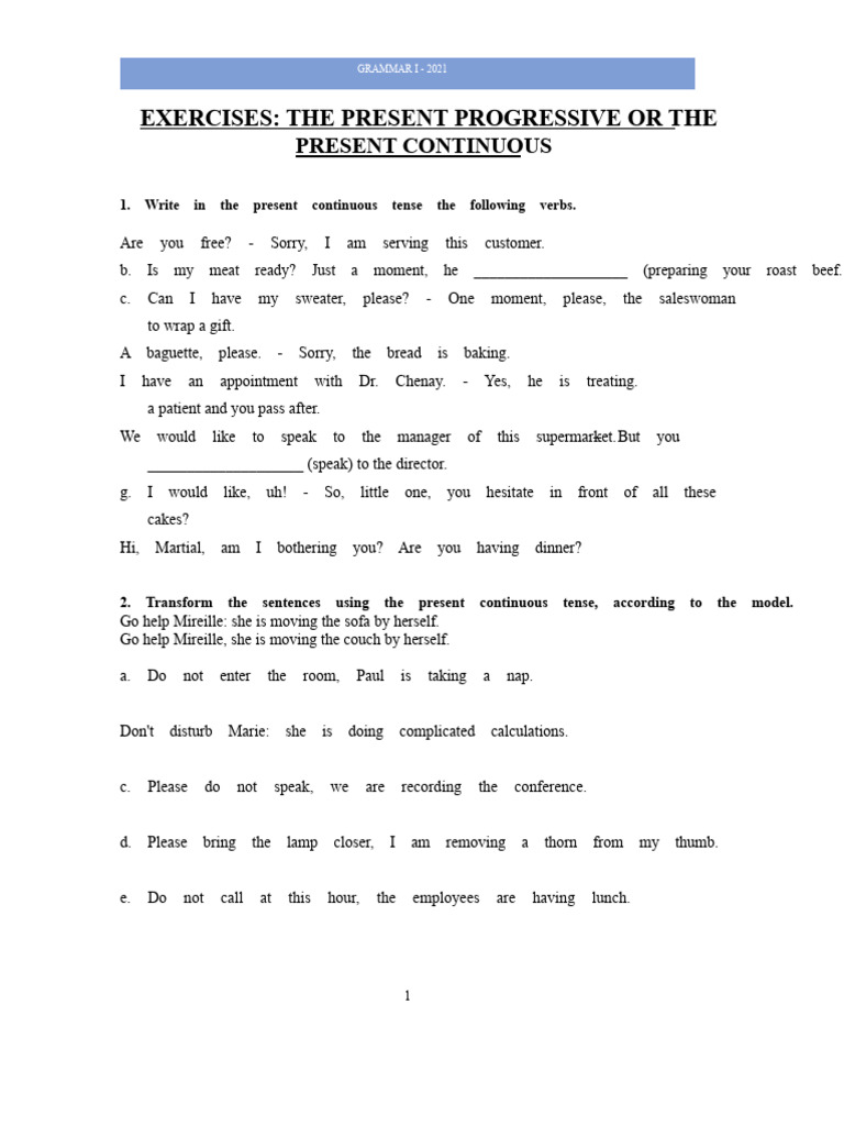 Present Continuous and Near Future Exercises | PDF | Grammatical Tense ...