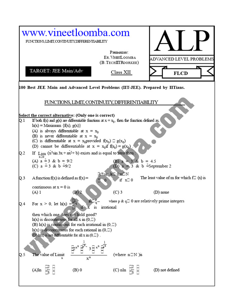 Functions, Limit, Continuity, Differentiability IIT-JEE (JEE Main and Advanced) | PDF | Function ...