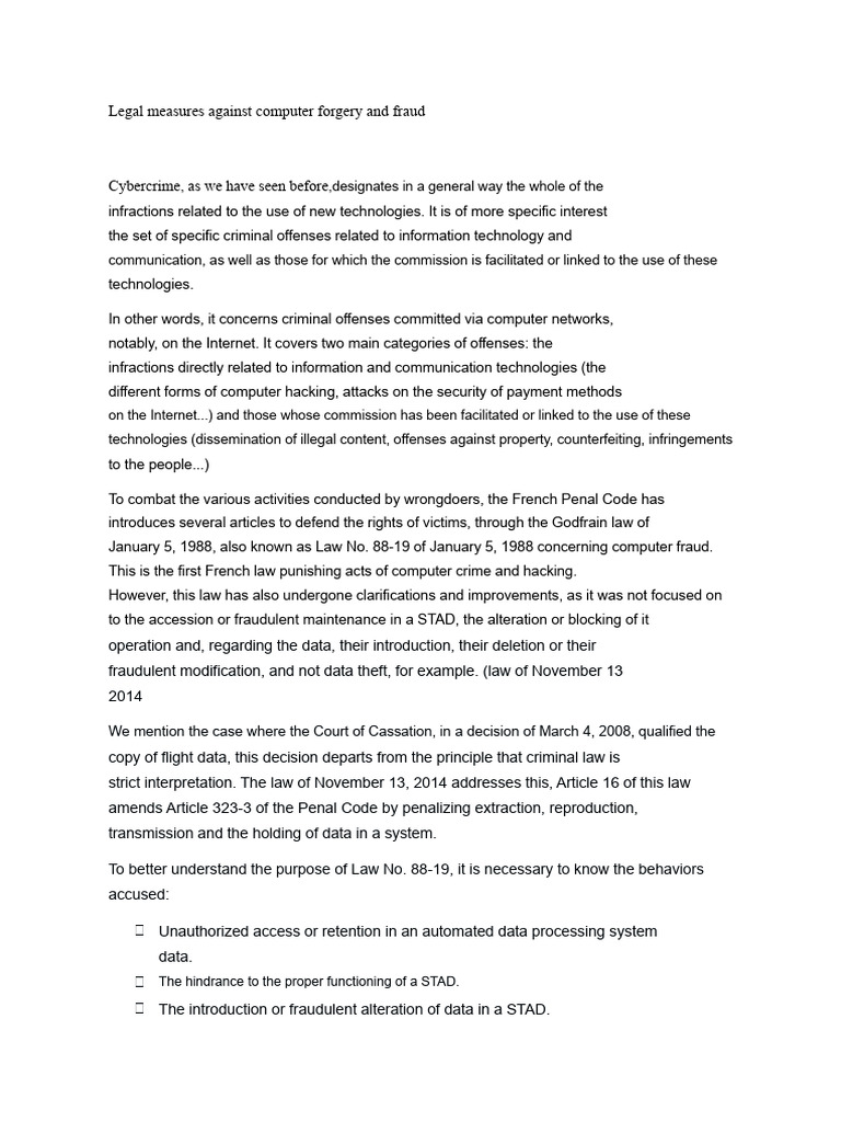 Legal Framework for Computer Fraud in France | PDF | Cybercrime | Crimes