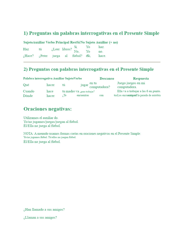 Preguntas y respuestas en presente simple | PDF