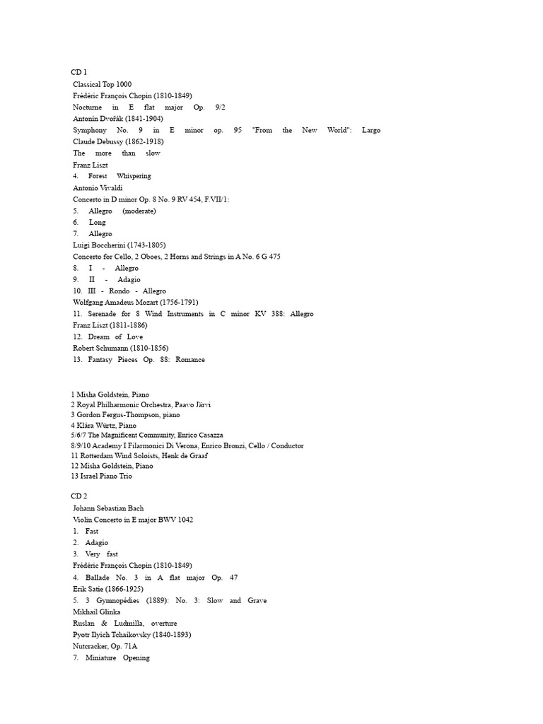 Classical Top 1000 Track Listing | PDF | Concerto | Chamber Music