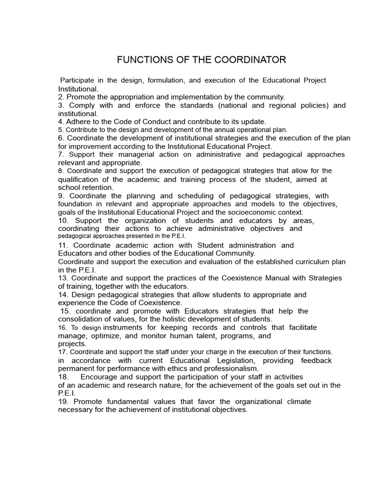 Functions of The Coordinator | PDF | Teachers | Curriculum
