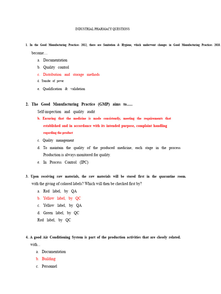 Industrial Pharmacy GMP Questions | PDF | Verification And Validation ...
