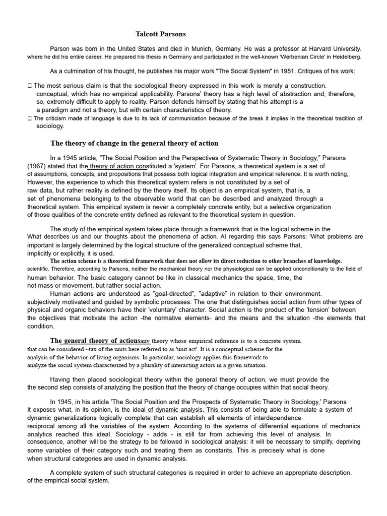 Talcott Parsons' Social Action Theory | PDF | Theory | System