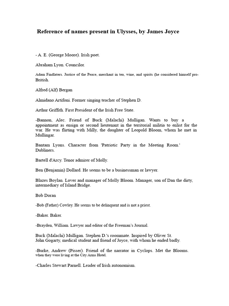 Ulysses Character Reference Guide | PDF | Ulysses (Novel) | James Joyce
