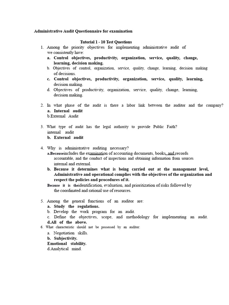 Administrative Audit Questionnaire For Exam | PDF | Audit | Auditor's ...