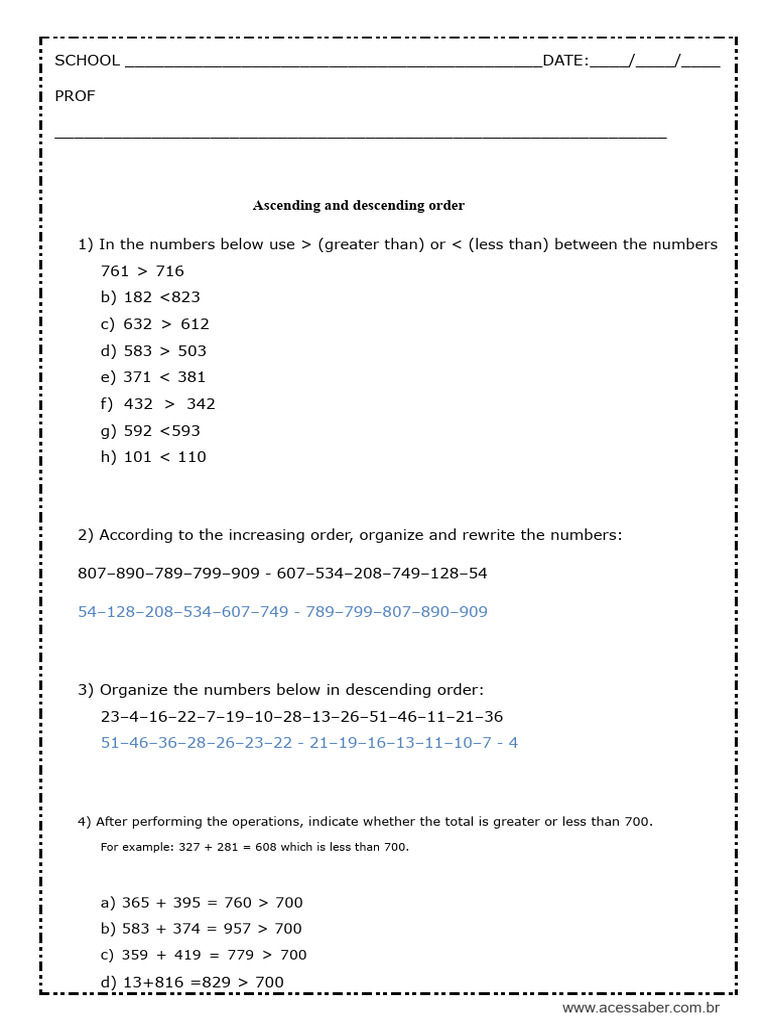 Ascending and Descending Order 4th Grade With Answers | PDF