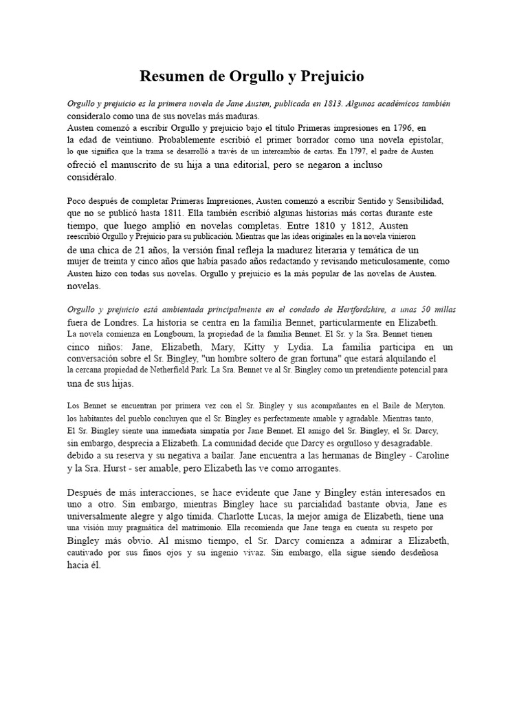 Resumen de Orgullo y Prejuicio | PDF | Orgullo y prejuicio | Señor darcy