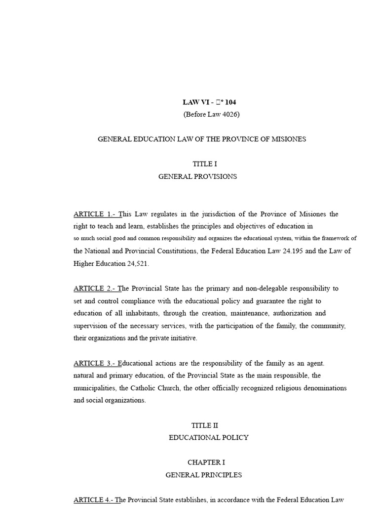 Misiones General Education Law Overview | PDF | Teachers | Pedagogy