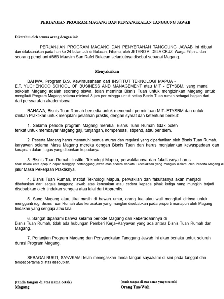 Perjanjian Program Magang Dan Pengabaian Tanggung Jawab-1 | PDF