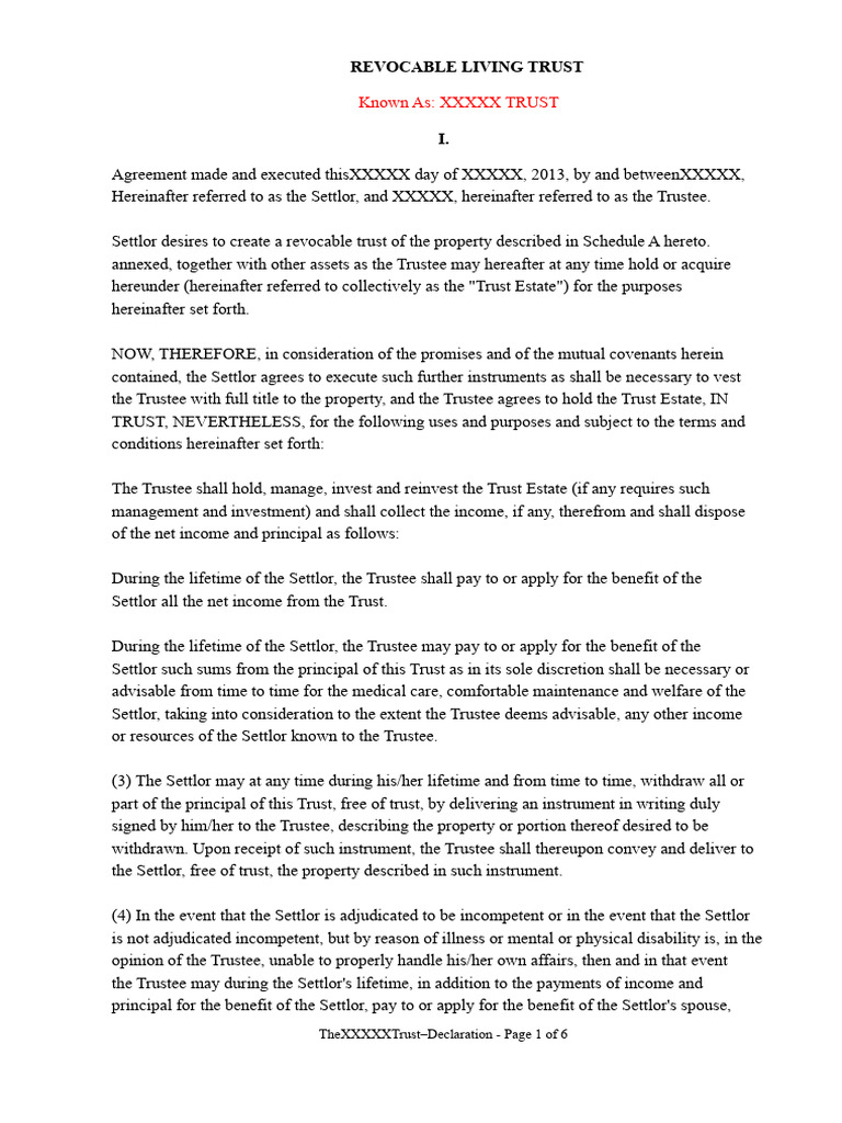 Revocable Living Trust Template | PDF | Trustee | Settlor