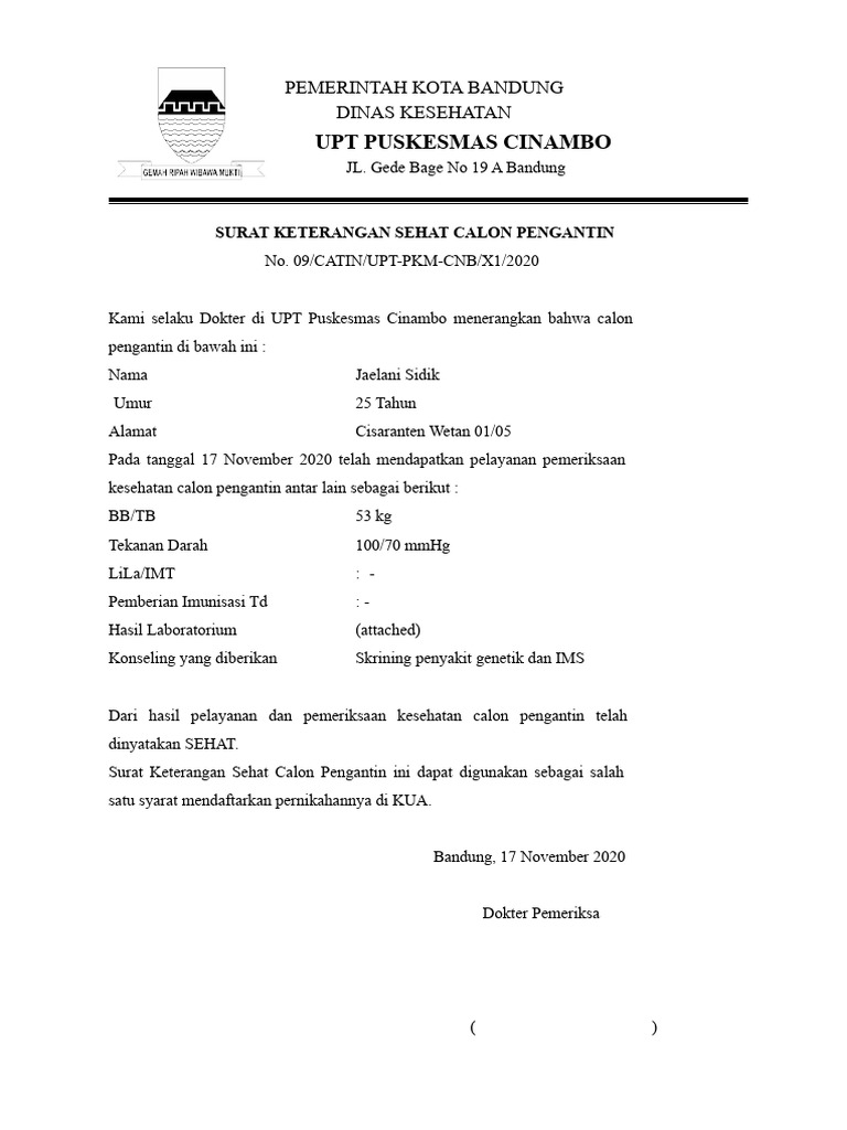 Surat Keterangan Sehat Catin Bandung | PDF