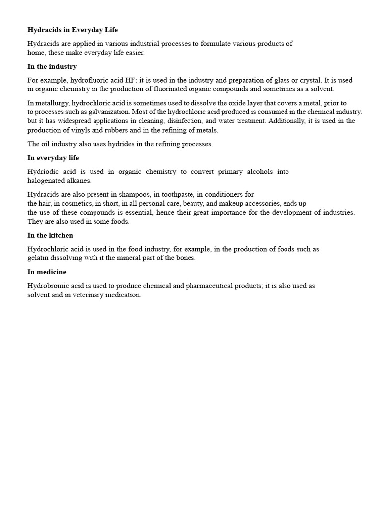 Hydracid Acids Use in Daily Life | PDF