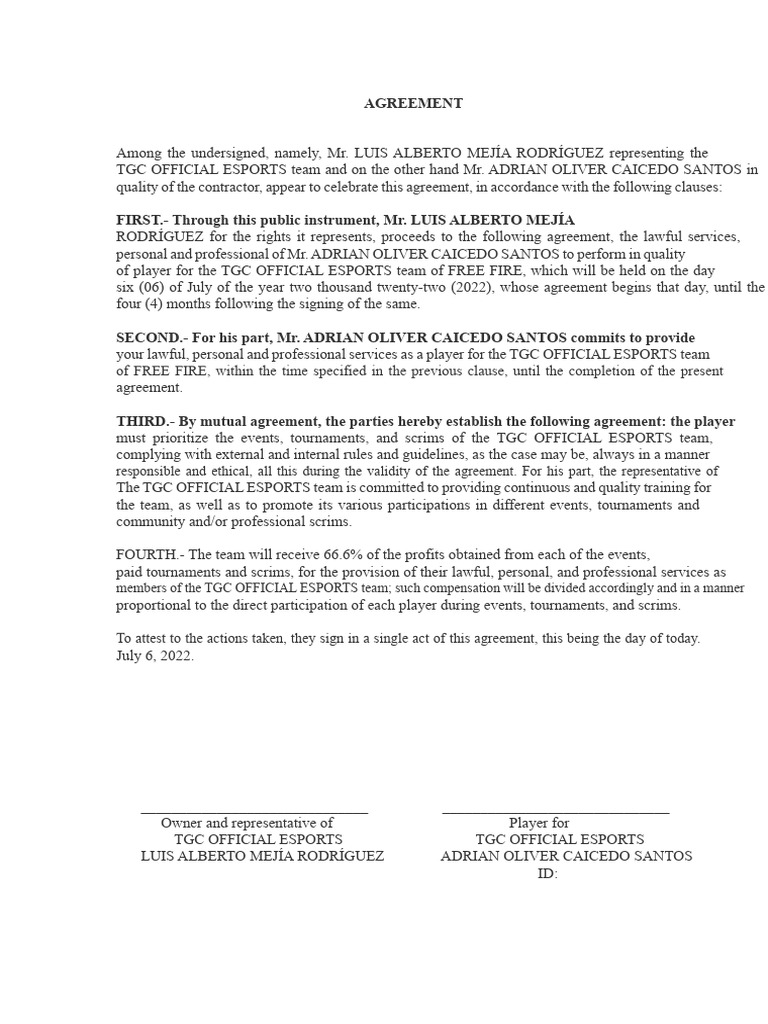 TGC Esports Player Agreement 2022 | PDF | Private Law | Business Law