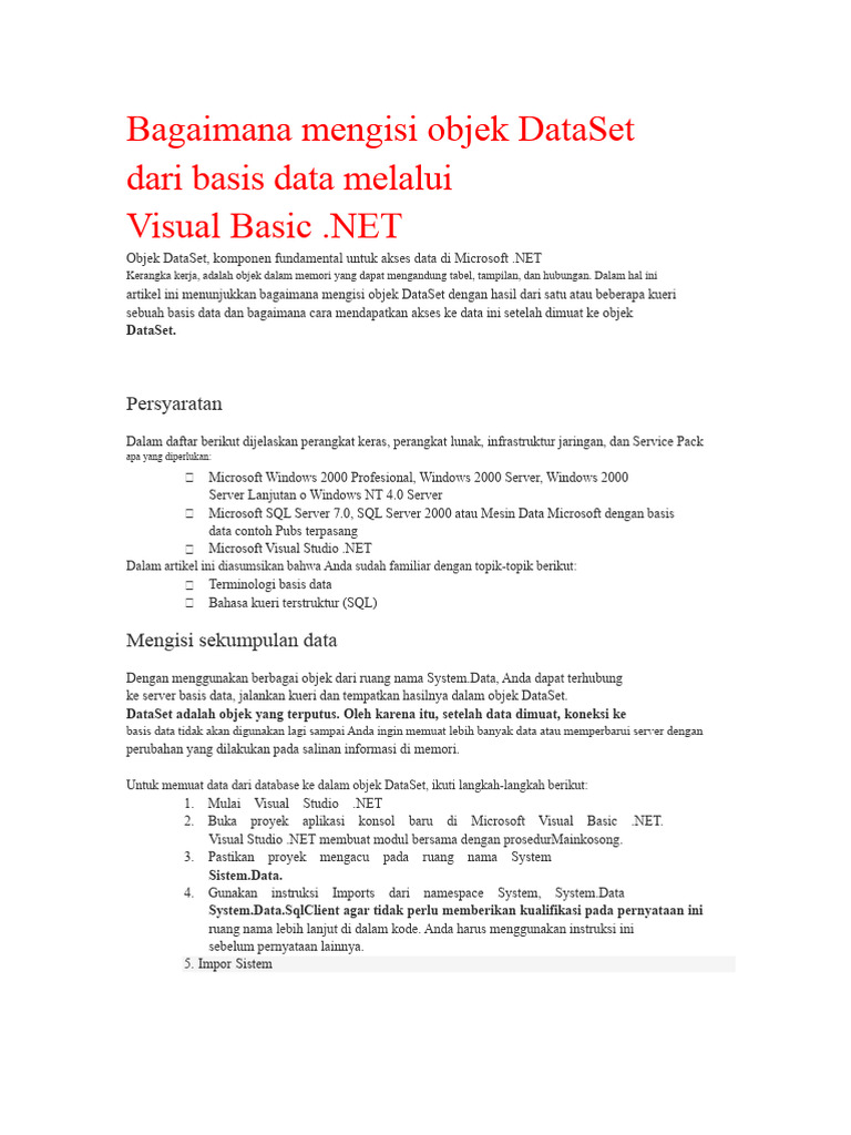 Cara Mengisi Objek DataSet Dari Basis Data Menggunakan Visual Basic | PDF