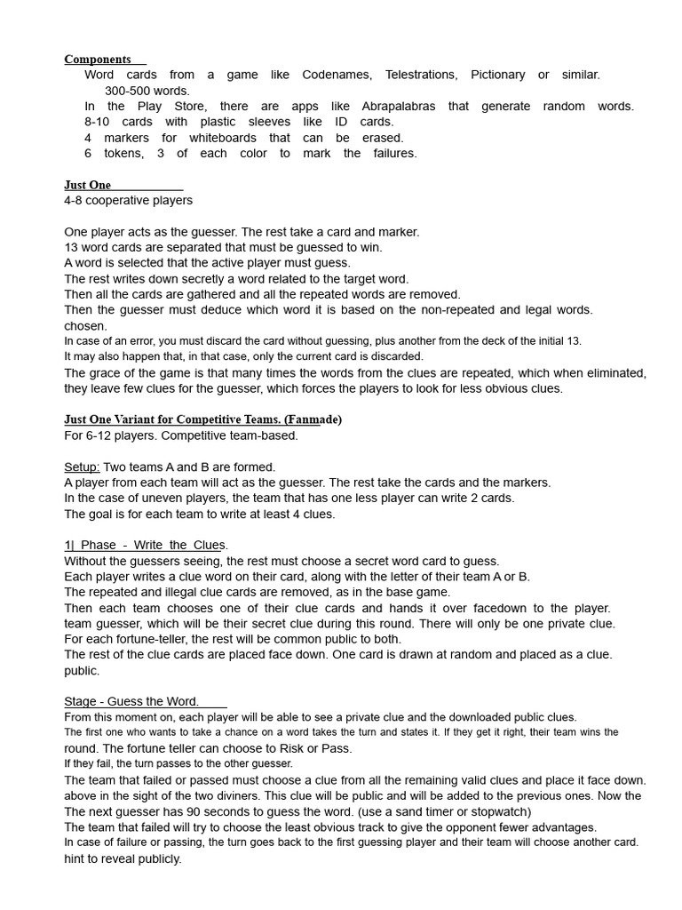 Just One Game Rules and Variants | PDF