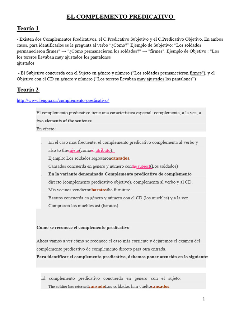 EA. COMPLEMENTO PREDICATIVO. T y Práctica CON SOLUCIONES | PDF | Verbo | Morfología