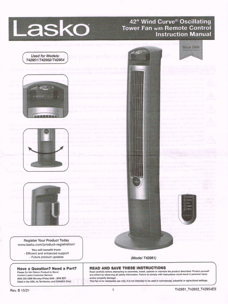 2021-10 Lasko Tower Fan Instruction Manual | PDF