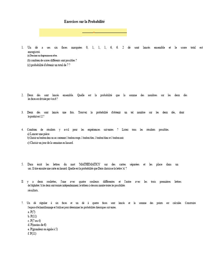 Exercices de Probabilité avec Dés et Cartes | PDF | Dé | Théorie des ...