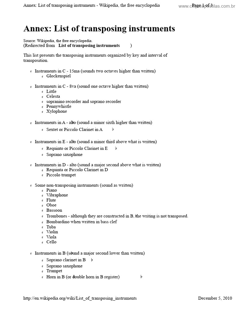 List of Transposing Instruments | PDF | Clef | Musicology